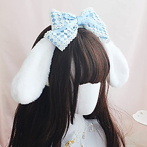PUCAPOCO Bunny Ears Headband Furry Rabbit Puppy Dog Ears Headband Cute JK Bowknot Headwear for Girls Women Facial Makeup Anime Costume Cosplay(Blue)