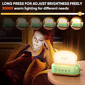 Cute Night Light, Kawaii Toast Night Lamp for Desk Decor, Table, Baby Nursery and Bedroom Room Decor Aesthetic, Dimmable Rechargeable Toaster Bread Lamp Gifts for Teens, Kids, Girls and Boys, Green