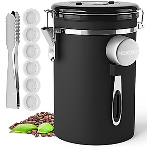 HAIOOU Airtight Coffee Canister, 22OZ Large Stainless Steel Coffee Bean Storage Container with Date Tracker, Measuring Scoop, 6Pcs CO2 Valves and Mini Tongs for Beans, Grounds, Sugar and more - Black