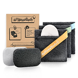 myHomeBody Soap Pocket Squares Exfoliating Soap Saver Pouch | Body Scrubber, Exfoliator Sponge for Bath or Shower | for 5oz Bar Soap or Leftover Bits | Graphite Gray, 3 Pack + 2 Soap Lifting Pads