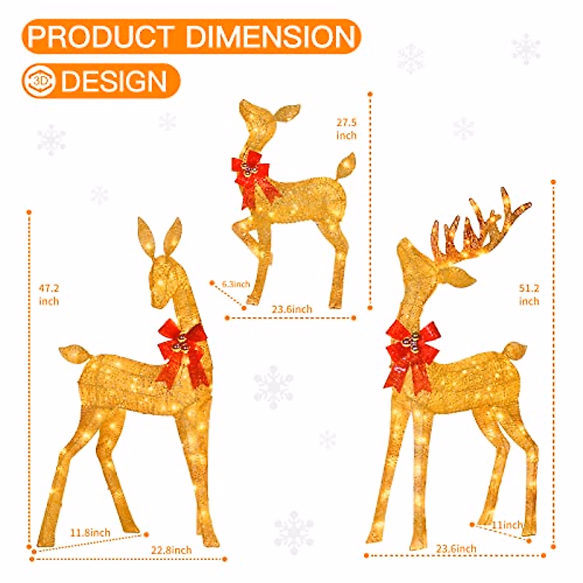 Super Large 3 Pieces Lighted Reindeer Christmas Decoration Family Set, Christmas Deer Family Decor Outdoor Yard Christmas Decorations with 240 LED Lights, Stakes, Zip Ties