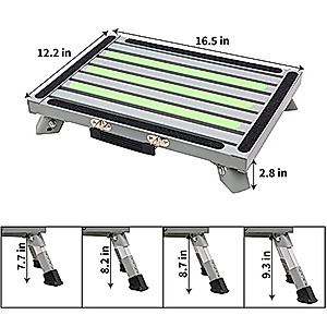 Homeon Wheels Aluminum Safety RV Steps Adjustable Height Folding Platform Step with Friction Strips Non-Slip Rubber Feet and Handle RV Step Stool Supports Up to 1000lbs.
