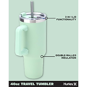 Hurley Tumbler Thermos - 40oz Double Wall Vacuum Insulated Travel Mug with Handle - BPA Free Stainless Steel Water Bottle - Leak Proof Hot and Cold Coffee Car Cup, Size 40 Ounces