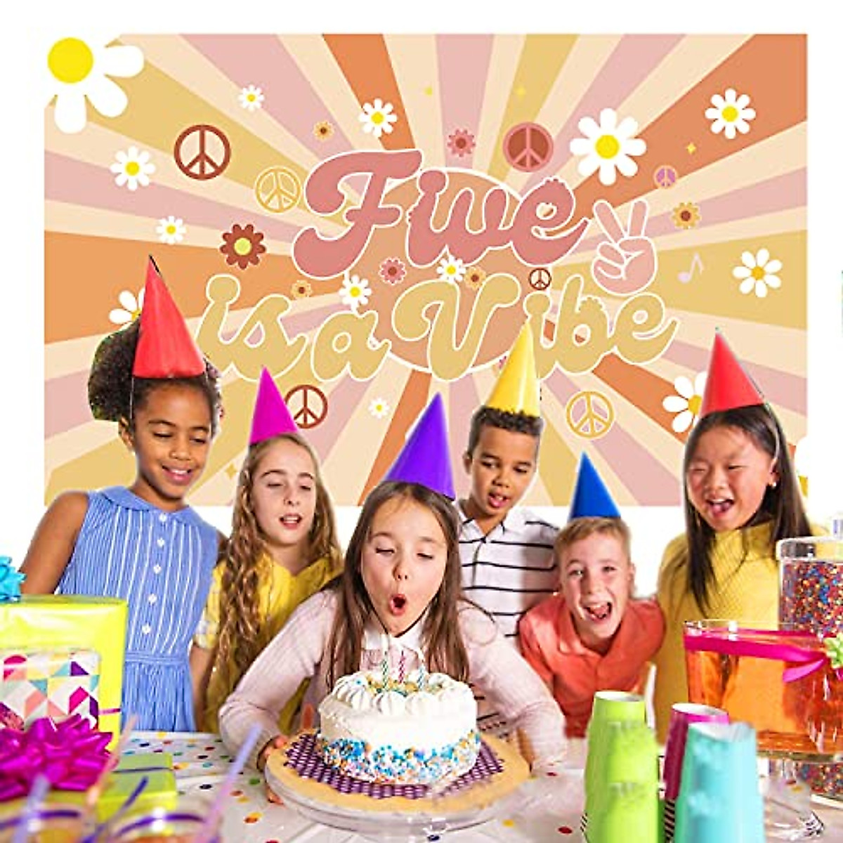 Groovy 5th Birthday Backdrop Banner Five is A Vibe Birthday Backdrop Retro Hippie Boho Girl Birthday Party Decorations Party Supplies Daisy Flower Birthday Photography Background Photo Prop Wall Decor