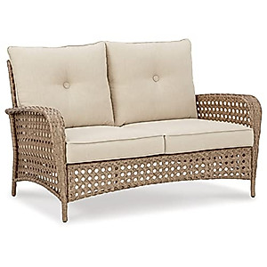 Signature Design by Ashley Braylee Outdoor 2 Piece Patio Driftwood Resin Wicker Cushioned Loveseat and Table, Rustic