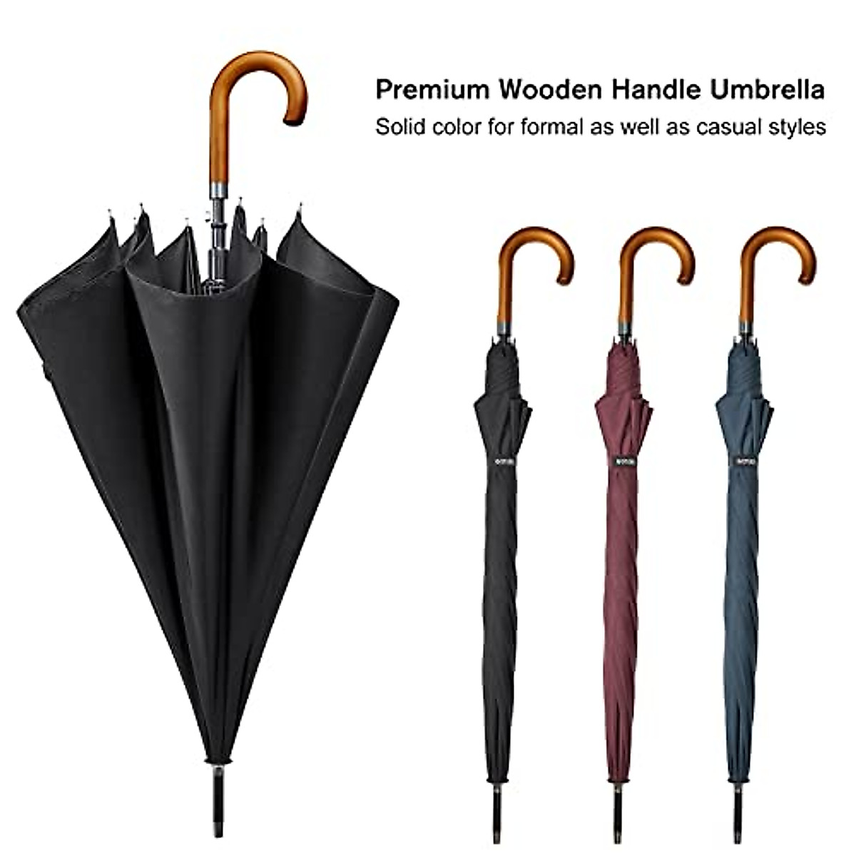 G4Free Wooden J Handle Umbrella 54 Inch Large Auto Open Classic Windproof Rain Stick Umbrellas for Men Women (Black)