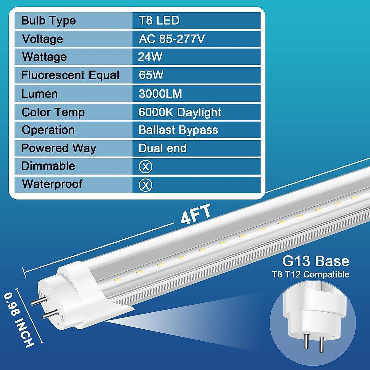 Marxlait 4 Pack T8 LED Bulbs 4 Foot, 24W 3000LM, 6000K Daylight, Ballast Bypass, Dual Ended Powered Type B Light Bulbs, LED Fluorescent Tube Replacement T8 T12, Non-dimmable