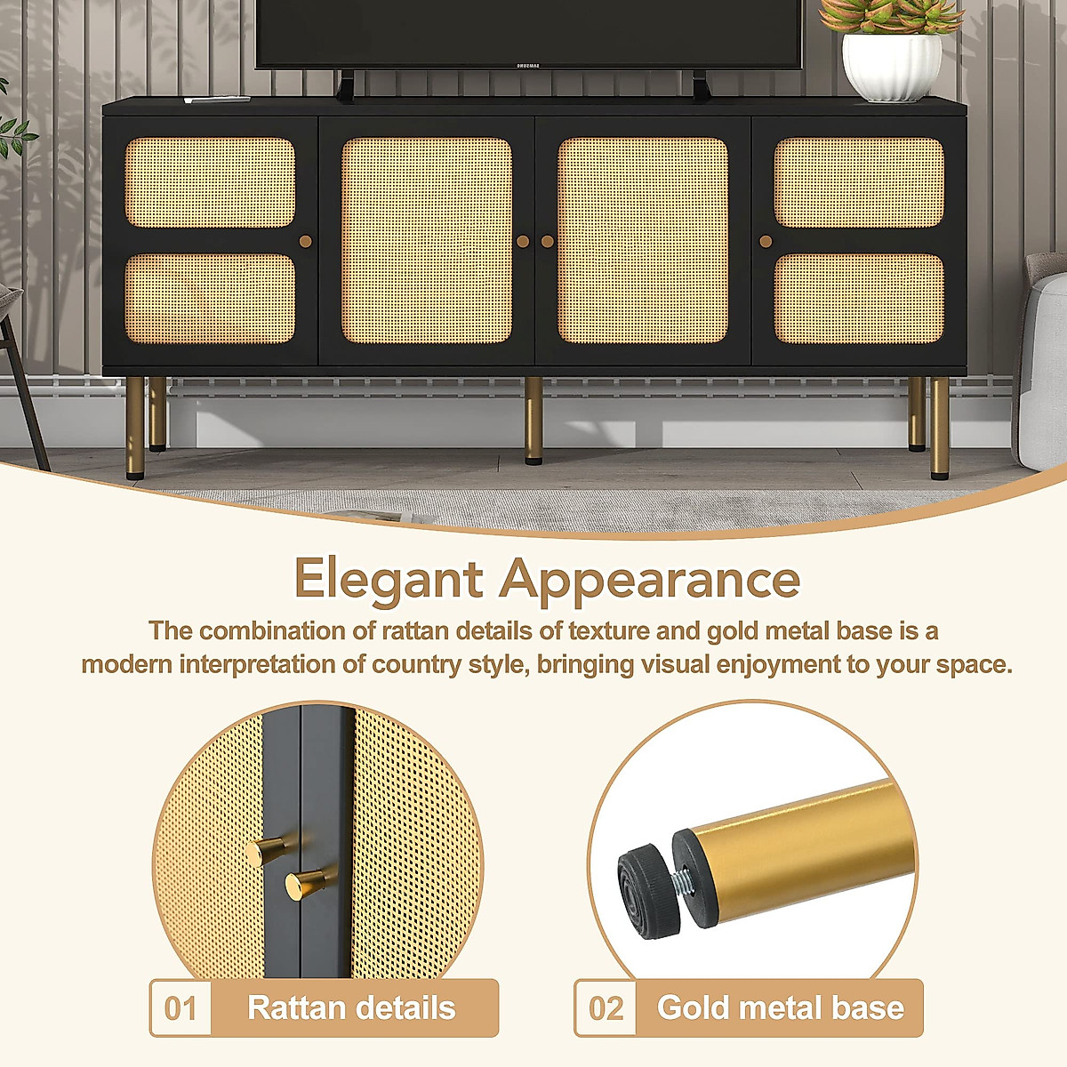 Bellemave Boho style TV Stand with Rattan Door, Woven Media Console Table for TVs Up to 70”, Country Style Design Side Board with Gold Metal Base for Living Room（Black）