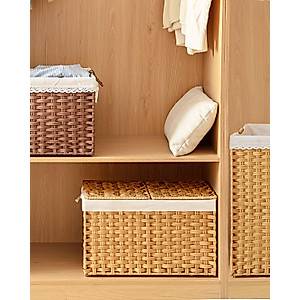 SETVSON Storage Basket with Lid Woven Storage Basket with 2 Separate Lid, 17.2 Gallon (65 L) Rattan Storage Basket Woven Storage Basket with Lid and Handles for Bedroom, Laundry Room Natural