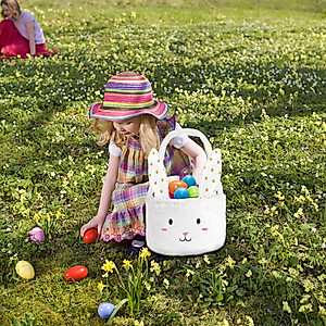 Evoio Easter Basket for Kids Toddler Girls Boys, Fluffy Bunny Bucket Bag with Handle Bunny Face and Foldable Ears Perfect for Easter Eggs Hunt Event, Easter Gifts Bunny Easter Eggs Basket Bags