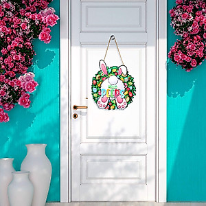 Jetec Happy Easter Wooden Hanging Sign Wreath Bunny Tail Door Sign Welcome Spring Wooden Plaque Wreath Rustic Wall Sign Yard Indoor Outdoor Garden Decoration with Rope, 10.5 x 9.5 Inch