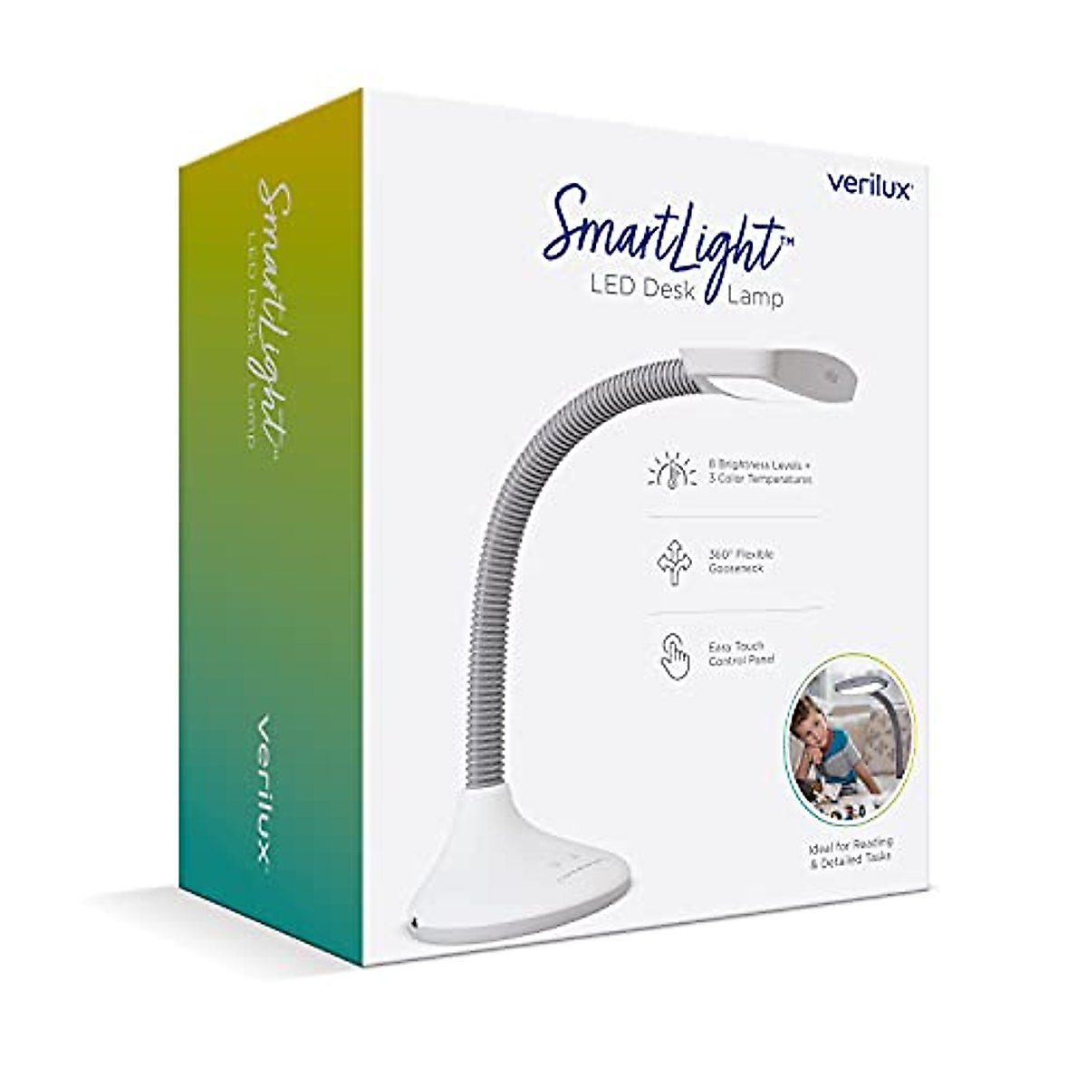 Verilux® SmartLight Full Spectrum LED Desk Lamp with Adjustable Brightness, Flexible Gooseneck and Integrated USB Charging Port - Reduces Eye Strain and Fatigue - Ideal for Readers, Artists, Crafters