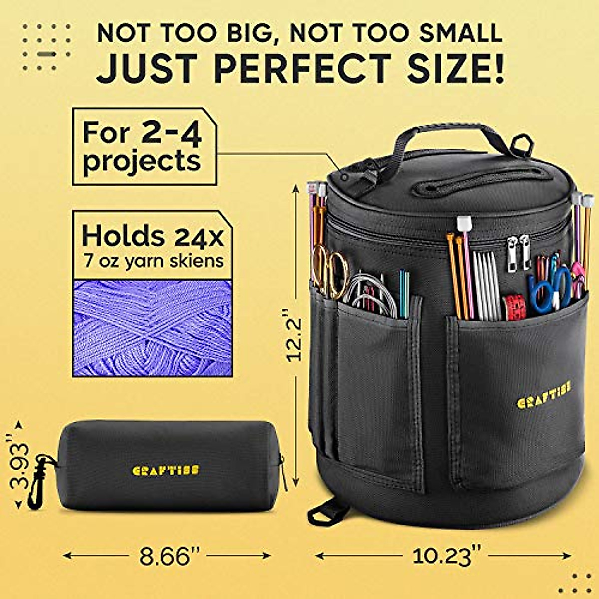 Starter Pack of 12x50g Acrylic Yarn Skeins with Black Yarn Storage Bag Bundle