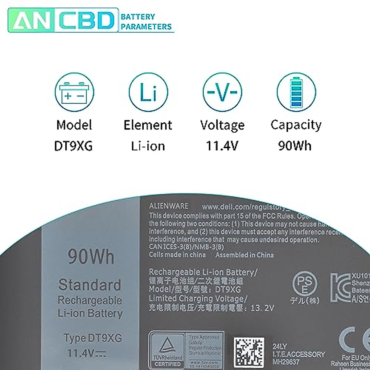ANCBD DT9XG Laptop Battery for Dell Alienware Area-51m R1 R2 D1968W D1968B D1969PW D1733B D1746W D1735DB D1733PB D1766W D1748DW D1746B D1766B D1741DB Series 07PWKV 0KJYFY (11.4V 90Wh)