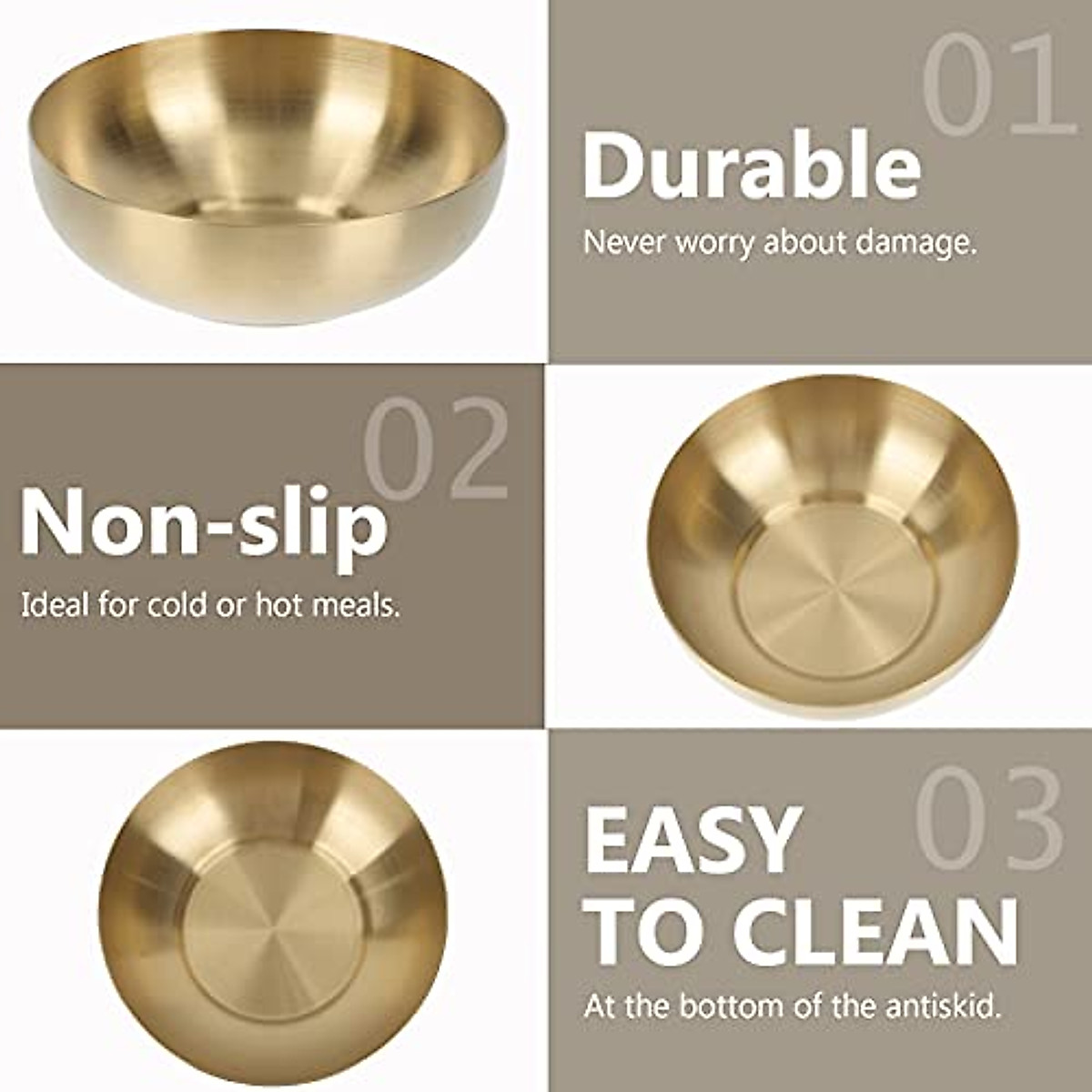 Angoily Heavy Duty Metal Rice Cereal Bowls Stainless Steel Serving Bowls Double Walled Ice Cream Soup Bowls Heat Insulated Mixing Bowls Gold 12cm