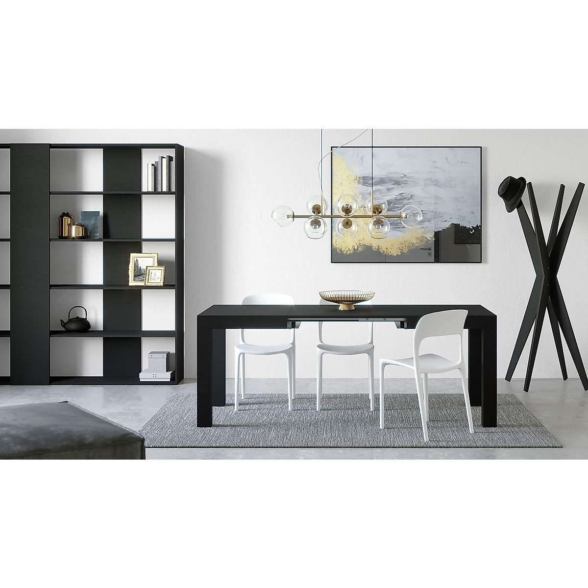 Mobili Fiver, First Extendable Table, 47,2(77,6) x31,5 in, Ashwood Black, for 6-8 people, Expandable Dining Table for Kitchen, Living room, Italian Furniture