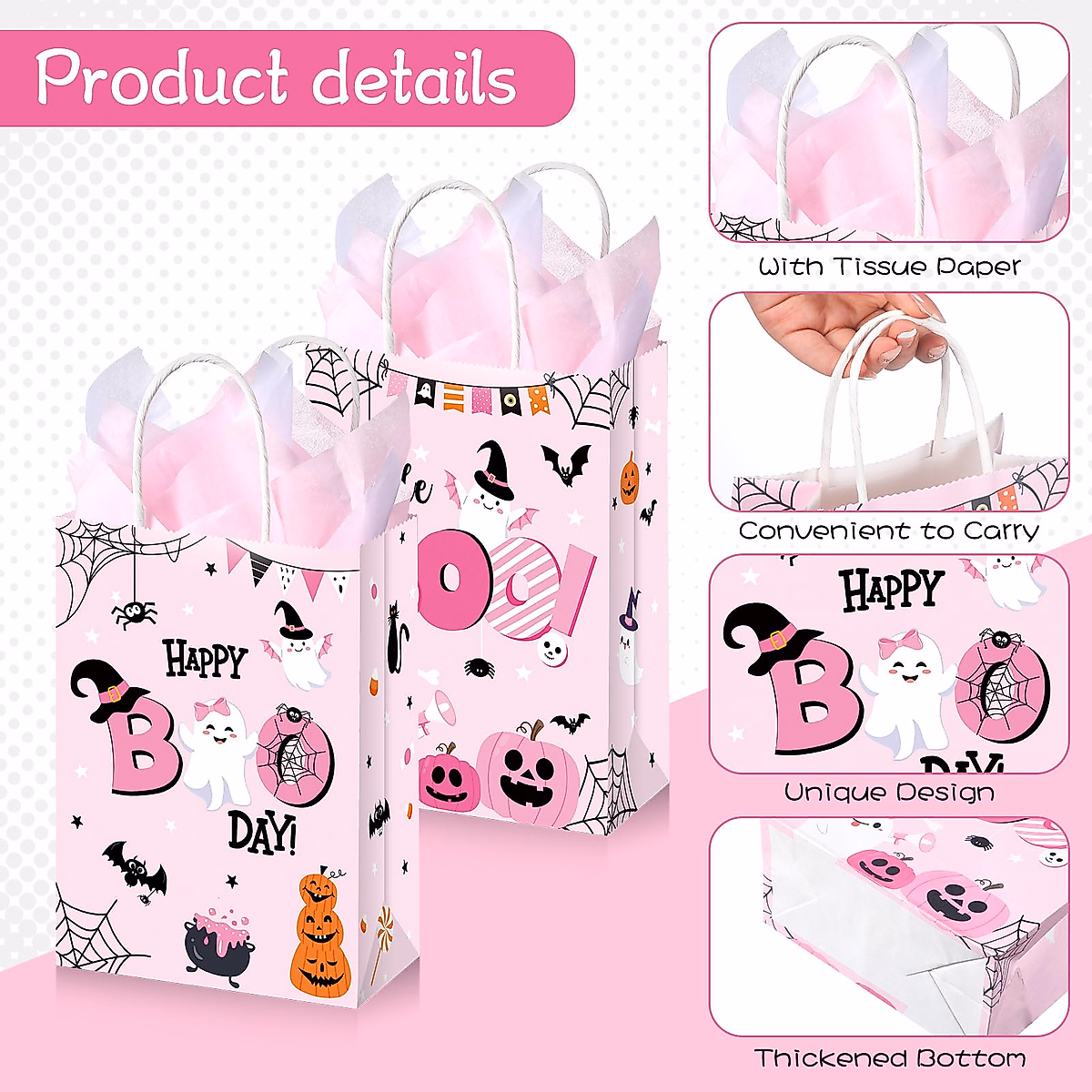 Yeaqee 30 Pcs Pink Halloween Bags Little Boo Bags Kraft Paper 30 Pcs Tissue Paper Goody Present Bags for Halloween Party Kids Theme Birthday Baby Shower Party Favors, 8.6 x 6.3 x 3.15 Inch