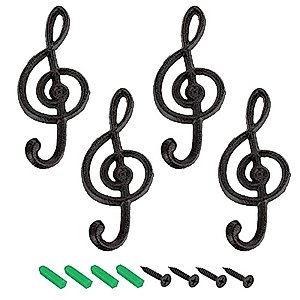 JUXYES Pack of 4 Musical Note Vintage Wall Decorative Hook with Screws, Cast Iron Heavy Duty Wall Garage Hook Music Treble Note Retro Wall Hanger Hook for Robes, Towels, Coats, Bags and Cloths