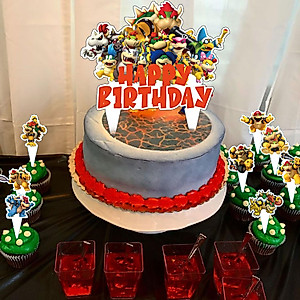 37pcs Bowser Cake Decorations with 1pcs Bowser Cake Topper, 36pcs Cute Cartoon Cupcake Toppers for Girls Birthday Party Decorations