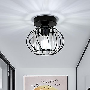 DELIPOP Semi Flush Mount Ceiling Light, Dimmable Small Metal Cage Hallway Light Fixtures Ceiling Lamps, Farmhouse Ceiling Light Fixture, Industrial Crystal Chandelier for Corridor Bathroom Kitchen