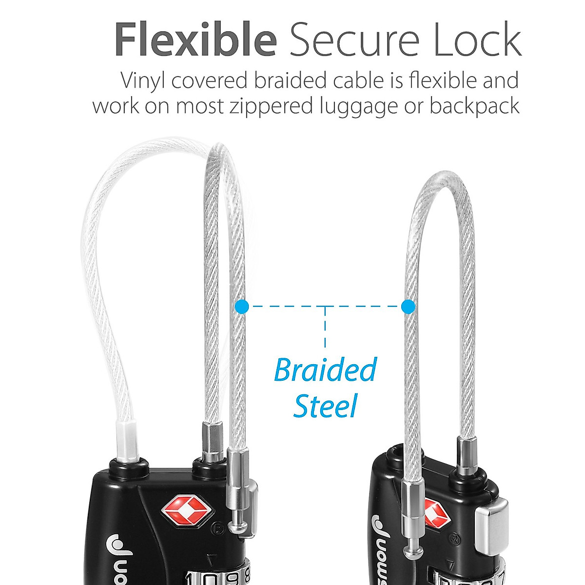 Fosmon TSA Approved Cable Locks for Luggage, Suitcase, Gun Case Locks with Push Release Button, 3 Digit Long Shackle Combination Wire Locks for Backpack Zipper Anti Theft, Gym Locker -3 Pack, Black