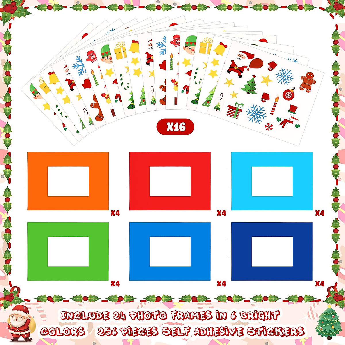 24 Packs Christmas Crafts for Kids Holiday Picture Frame DIY Craft Kits with 330 Stickers Gingerbread Santa Reindeer Snow Stickers Xmas Art Favor for Children Home Classroom Party Game Activity