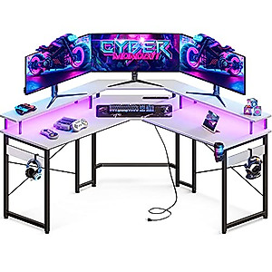 ODK L Shaped Gaming Desk with LED Lights & Power Outlets, 51" Computer Desk with Full Monitor Stand, Corner Gaming Table with Hooks & Cup Holder, White