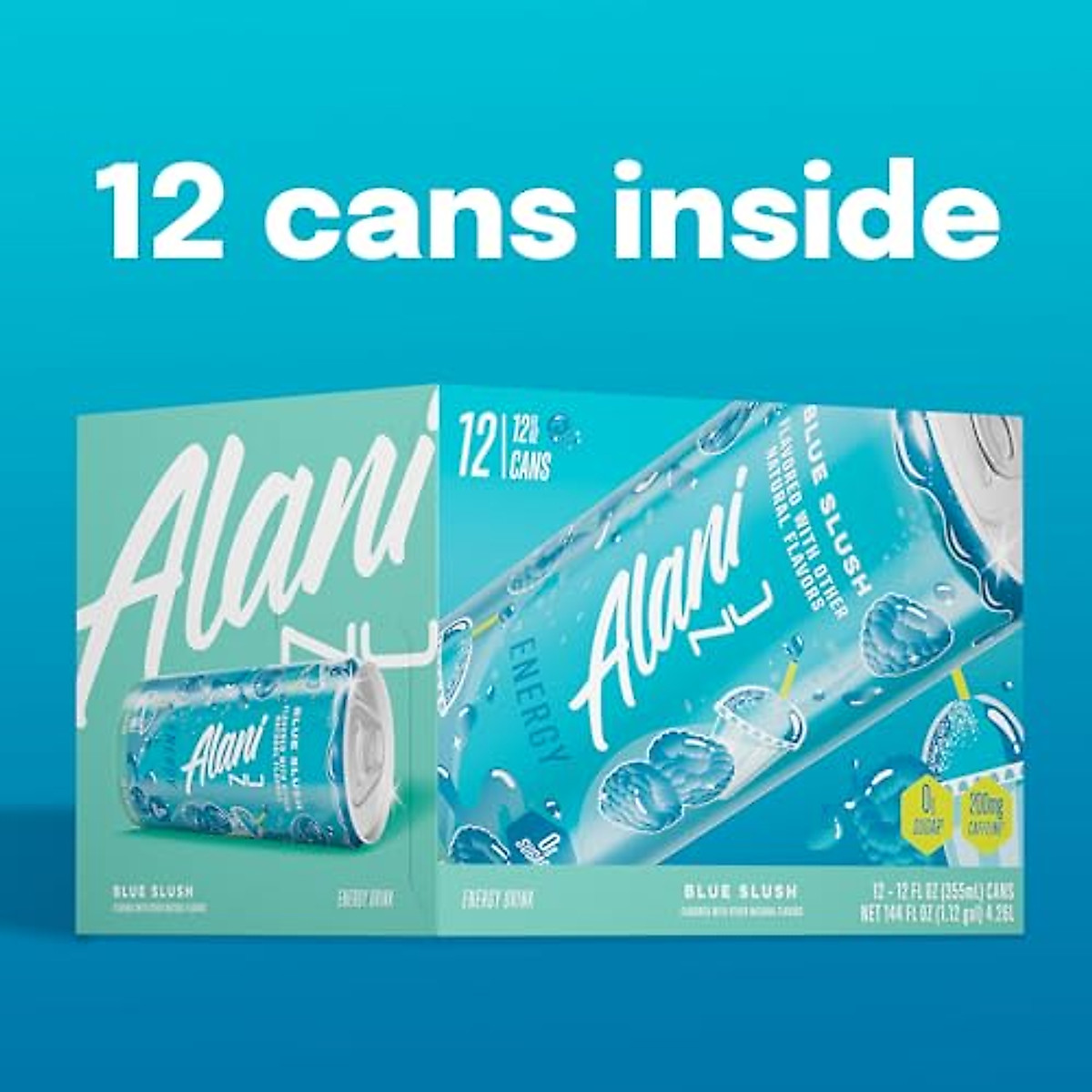 Alani Nu BLUE SLUSH Sugar Free, Low Calorie Energy Drinks | 200mg Caffeine | Biotin B Vitamins | Zero Sugar | 10 Calories | 12 Fl Oz Cans | 12 Pack