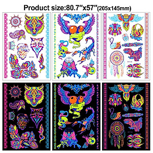 HOWAF 8 Large Sheets Neon Temporary Tattoos, 100+ Shimmer Designs Glow UV Neon Body Face Skin Tattoo Wolf Jewellery Tattoos Flash Fake Waterproof Tattoo Stickers for Women Men Girls Body Art