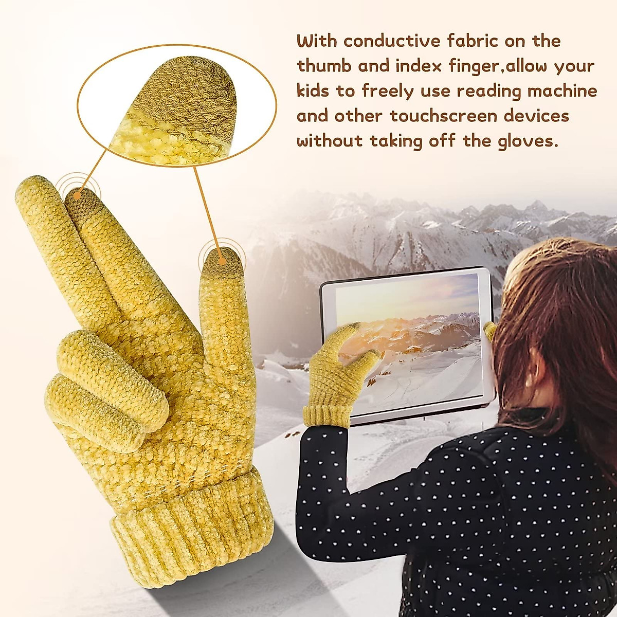 HAITHO Kids Winter Gloves 3 Pairs, Chenille Knit Gloves for Cold weather, Children Warm Fleece Lined Touchscreen Gloves, Thermal Toddler Gloves for Teen Girls Boys 3-8 Years