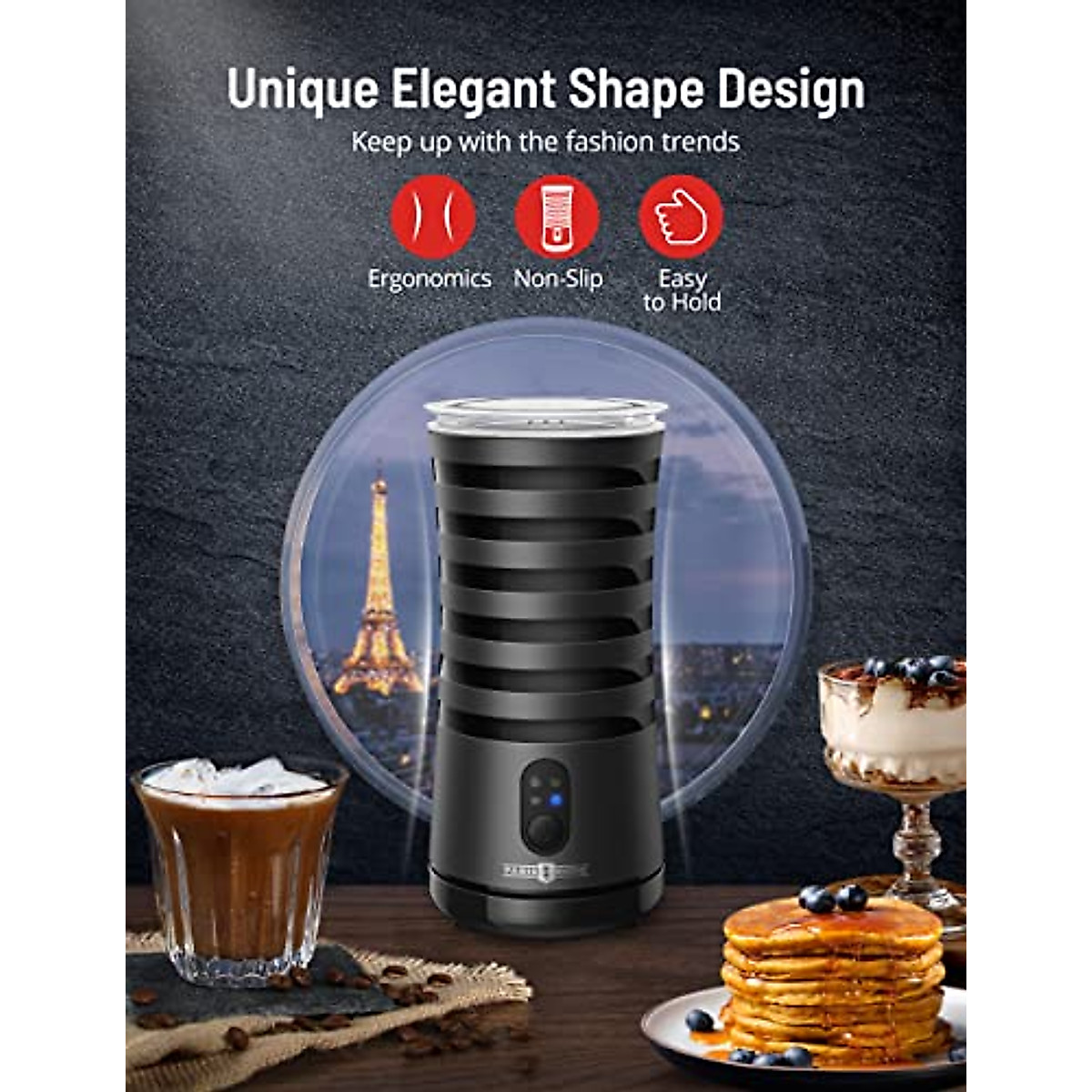 Paris Rhône 4-in-1 Milk Frother and Steamer, Non-Slip Stylish Design, Hot & Cold Milk Steamer with Temperature Control, Auto Shut-Off Frother for Coffee, Latte, Cappuccino, Macchiato