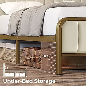 Rolanstar Bed Frame Twin Size with Charging Station and LED Lights, Upholstered Velvet Bed with Headboard Footboard, Heavy Duty Metal Slat, No Box Spring Need, Noise Free, Easy Assembly, Golden Color