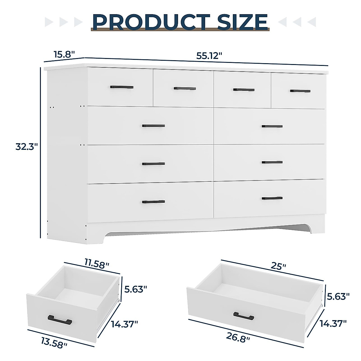 DICTAC White Dresser for Bedroom with 10 Drawers, Large Chest of Drawers Storage Organizer, Long Dresser TV Stand with Power Outlets, Wide Dresser for Bedroom, Living Room 55.1" W x 32.3" H x 15.8" D