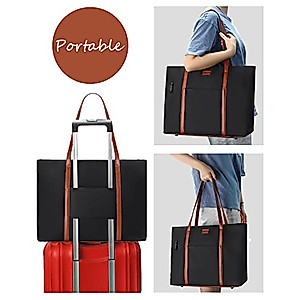 Laptop Tote Bag for Women Teacher Work Office USB Bags Fits 15.6 inches Laptop Lightweight Water Resistant Nylon Tote Bag (Black and Brown Strap)