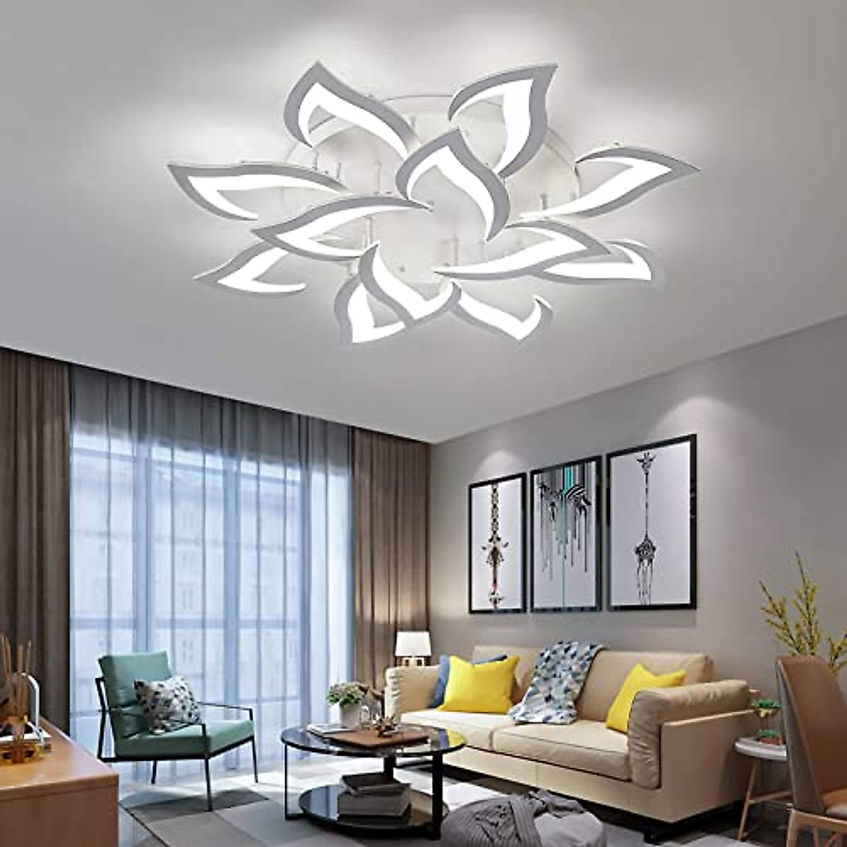 OKES Modern Ceiling Light,dimmable led Ceiling lamp Fixture with Remote Control,12 Acrylic Petal Flush Mount Chandelier Light for Dining Room,Bedroom,Living Room,kitchen/3000-6000K