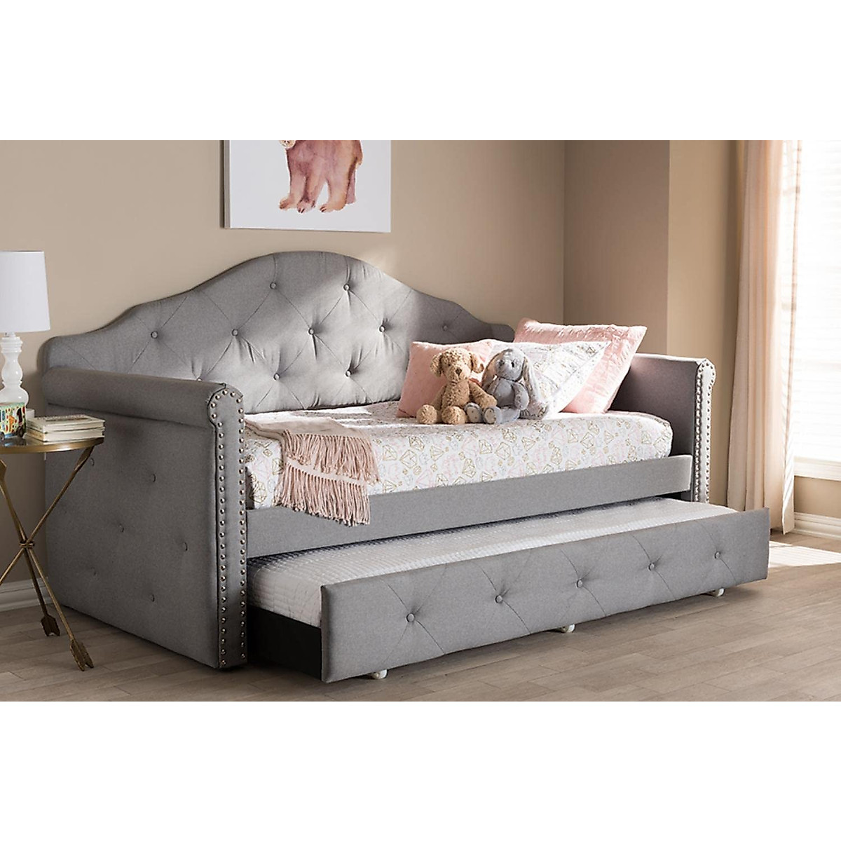 Baxton Studio Emilie Modern and Contemporary Grey Fabric Upholstered Daybed with Trundle Grey/Twin//Contemporary/Fabric Polyester 100%"/Rubber Wood/MDF/Foam