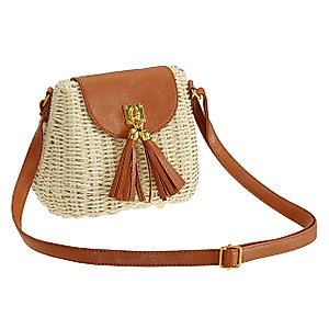 So'each Women's Handmade Wicker Woven Purse Tassels Message Crossbody Bag
