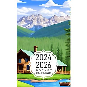 Pocket Calendar 2024-2026: Two-Year Monthly Planner for Purse , 36 Months from January 2024 to December 2026 | Cartoon illustration | Wooden house | ... Mountains | Kids | Horses | Dog | Cowboy
