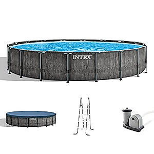 Intex Greywood Prism Frame 18' x 48" Round Above Ground Outdoor Swimming Pool Set with 1500 GPH Filter Pump, Ladder, Ground Cloth, and Pool Cover