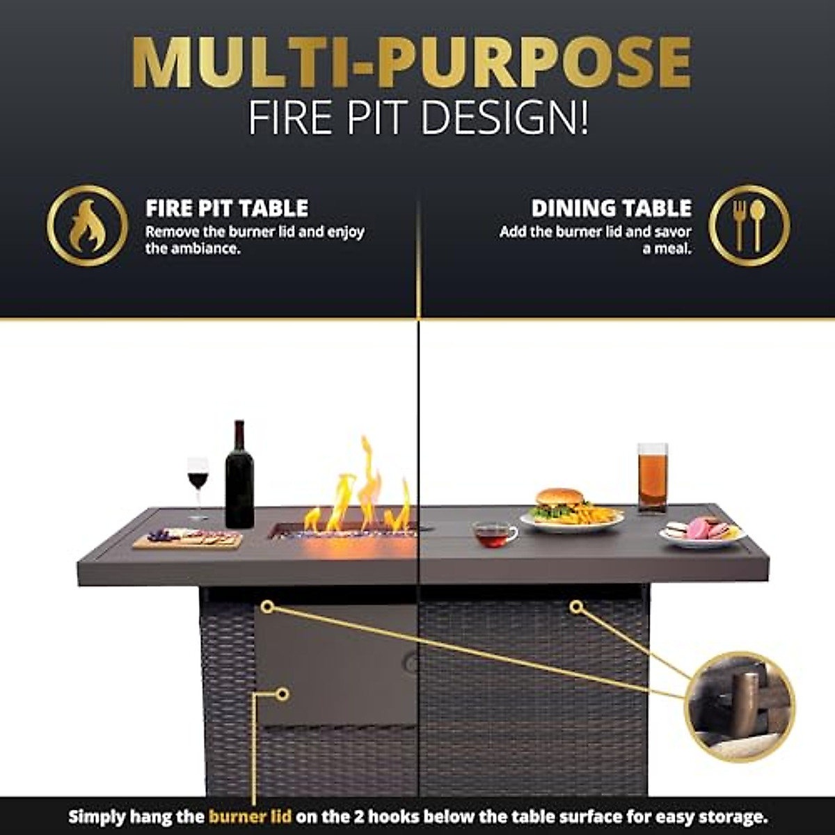 Kinger Home Novi Rattan 52-Inch Outdoor Patio Propane Gas Fire Pit Table, CSA Certified 50,000 BTU Firepit, Brown Aluminum Frame