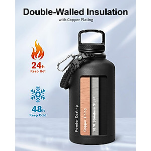 Trebo Half Gallon Water Bottle with Paracord Handle 64oz Wide Mouth Insulated Double Wall Stainless Steel Large Sports Flask Keep Hot 24 Hours & Cold 48 Hours Water Jug with 3 Lids, Black