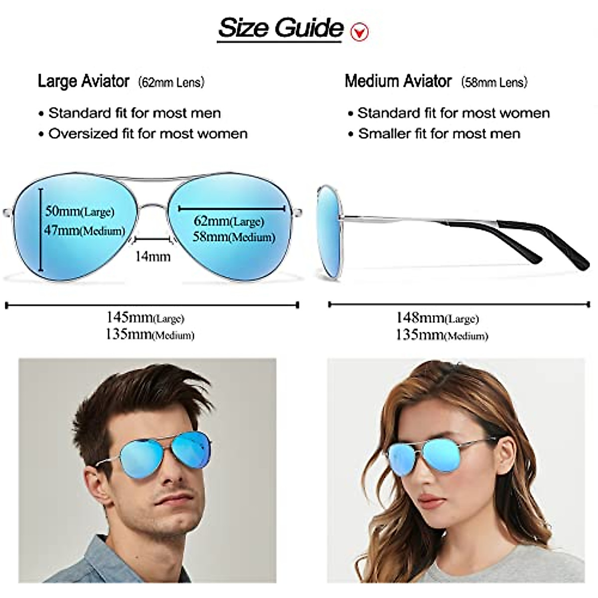 BOTPOV Aviator Sunglasses for Men Women Polarized UV400 Protection Mirrored Lens Metal Frame with Spring Hinges