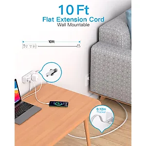 10Ft Extension Cord with Multiple Outlets, Flat Plug Power Strip Surge Protector with 10 Ft Long Cord, 6 Outlet 3 USB Ports (1 USB C), Multi Outlet Wall Plug for Travel, College, Dorm Room Essentials