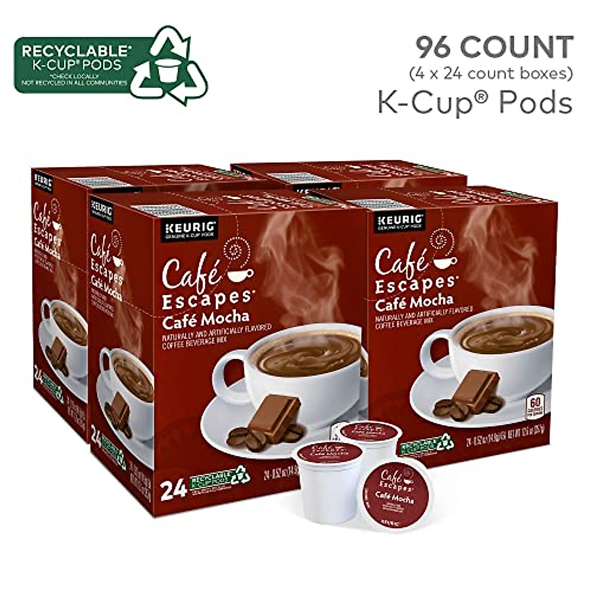 Cafe Escapes Cafe Mocha Keurig Single-Serve K-Cup Pods, 96 Count (4 Packs of 24)