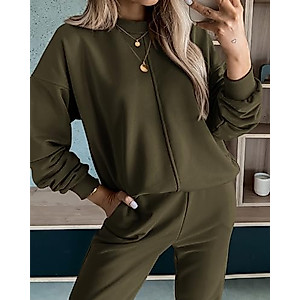 BTFBM Women's Fall Winter Sweatsuits Long Sleeve Sweatshirt Jogger Pants Lounge Sets 2 Piece Tracksuit Outfits Pockets(Solid Army Green, Medium)