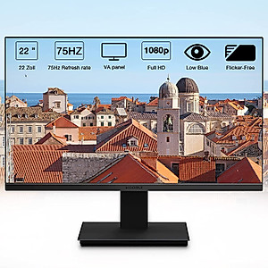 KOORUI 22 Inch Computer Monitor, FHD 1080P Desktop Display, 75HZ Ultra Thin Bezel/Eye Care/Ergonomic Tilt, HDMI VGA Ports LED Monitor for PC, VESA Mounting