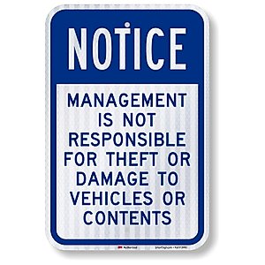SmartSign - K-8583-HI-12x18 "Notice - Management Is Not Responsible For Theft Or Damage To Vehicles" Sign | 12" x 18" 3M High Intensity Grade Reflective Aluminum
