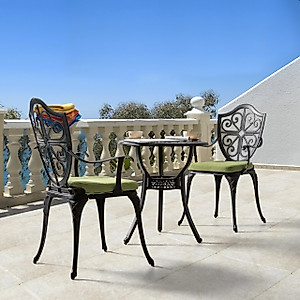 NUU GARDEN Bistro Set 3 Piece Outdoor, Cast Aluminum Patio Bistro Sets with Umbrella Hole and Green Cushions, Bistro Table and Chairs Set of 2 for Patio Backyard, Black
