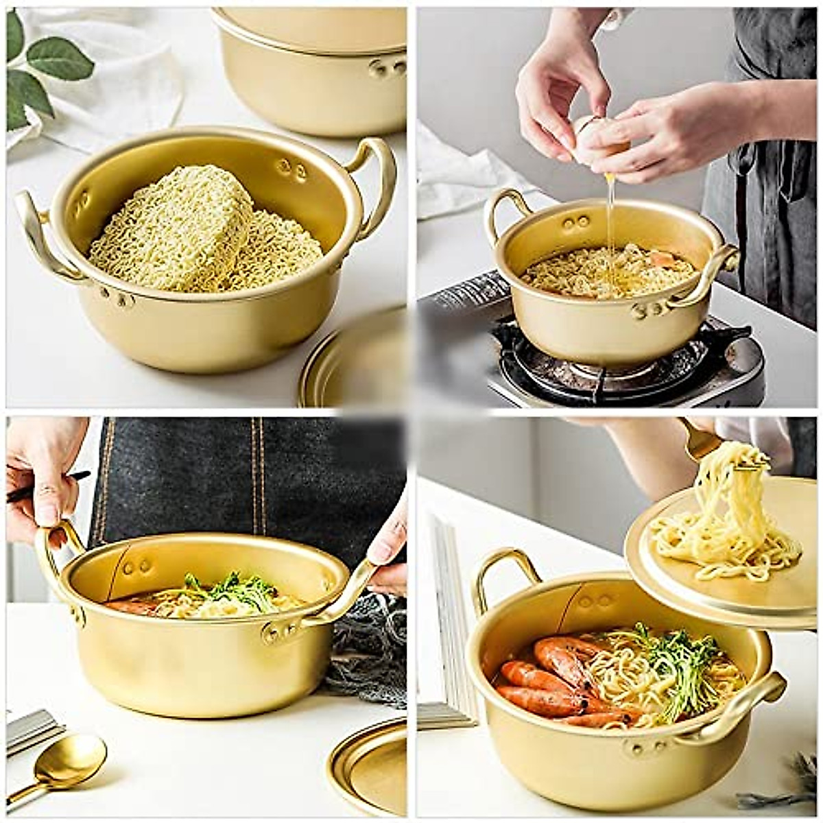 Vctitil Korea Noodle Pot Aluminum Noodle Pot,Nonstick Double Handle Korean Yellow Aluminum Noodles Pot,Cookware for Kitchen,Great for Soup,Pasta(16CM)