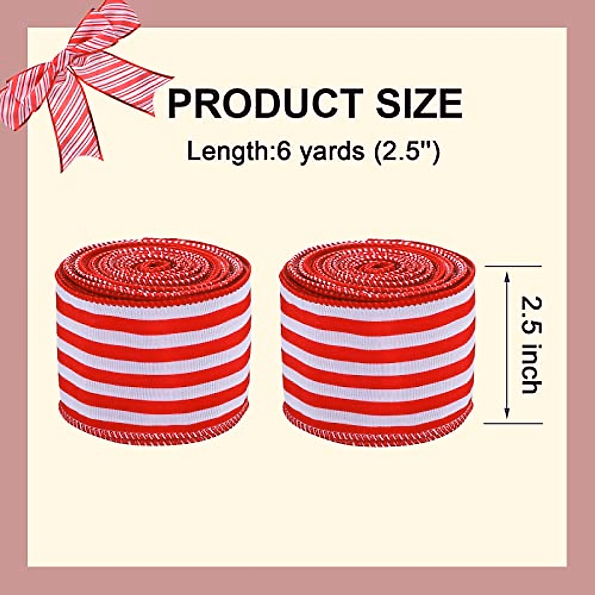 2 Rolls Christmas Wired Ribbon for Gift Wrapping, Red and White Striped Ribbons for Crafts/Christmas Tree/Wreaths/Bow Decorations, 2.5" Wide x 6 Yards